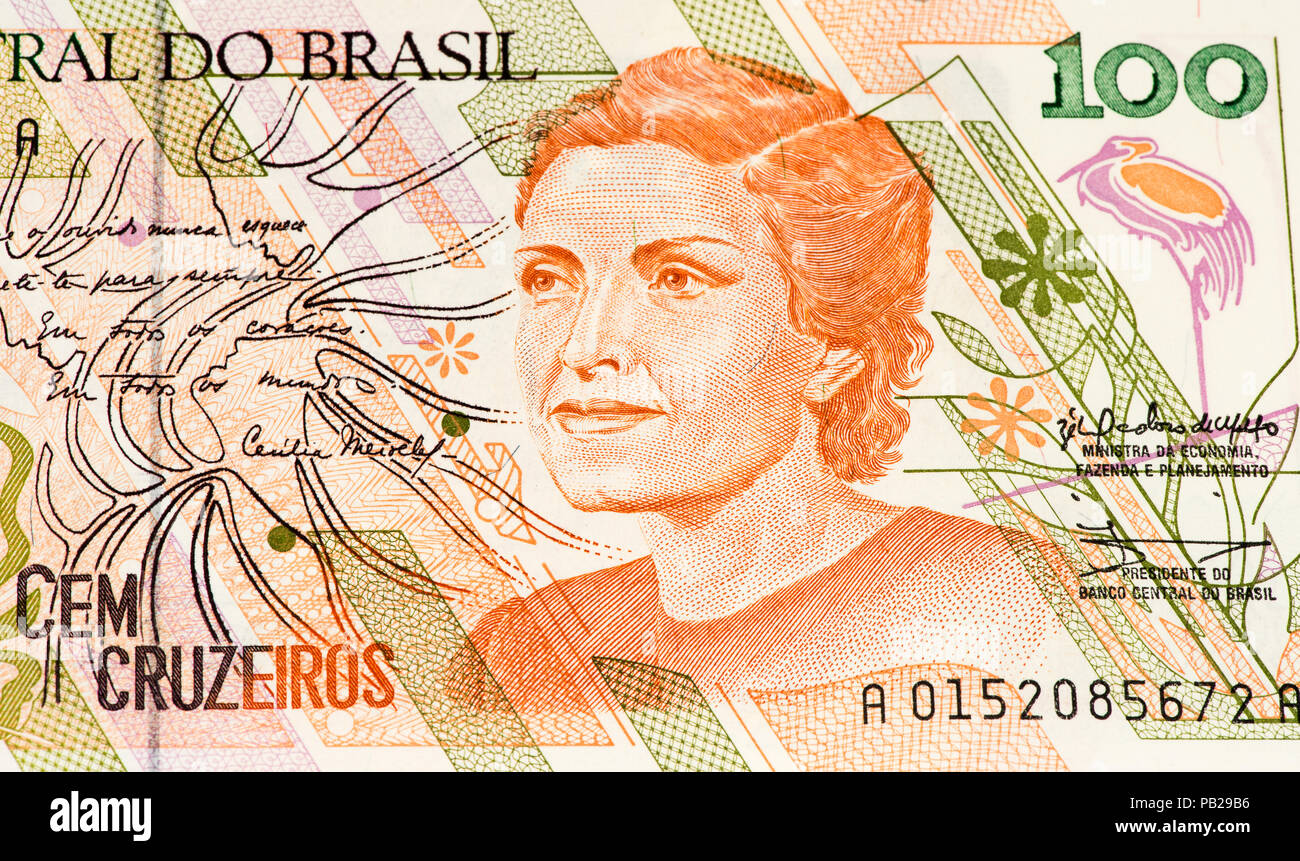 100 Brasilian cruzeiro bank note. Cruzeiro is the former currency of ...