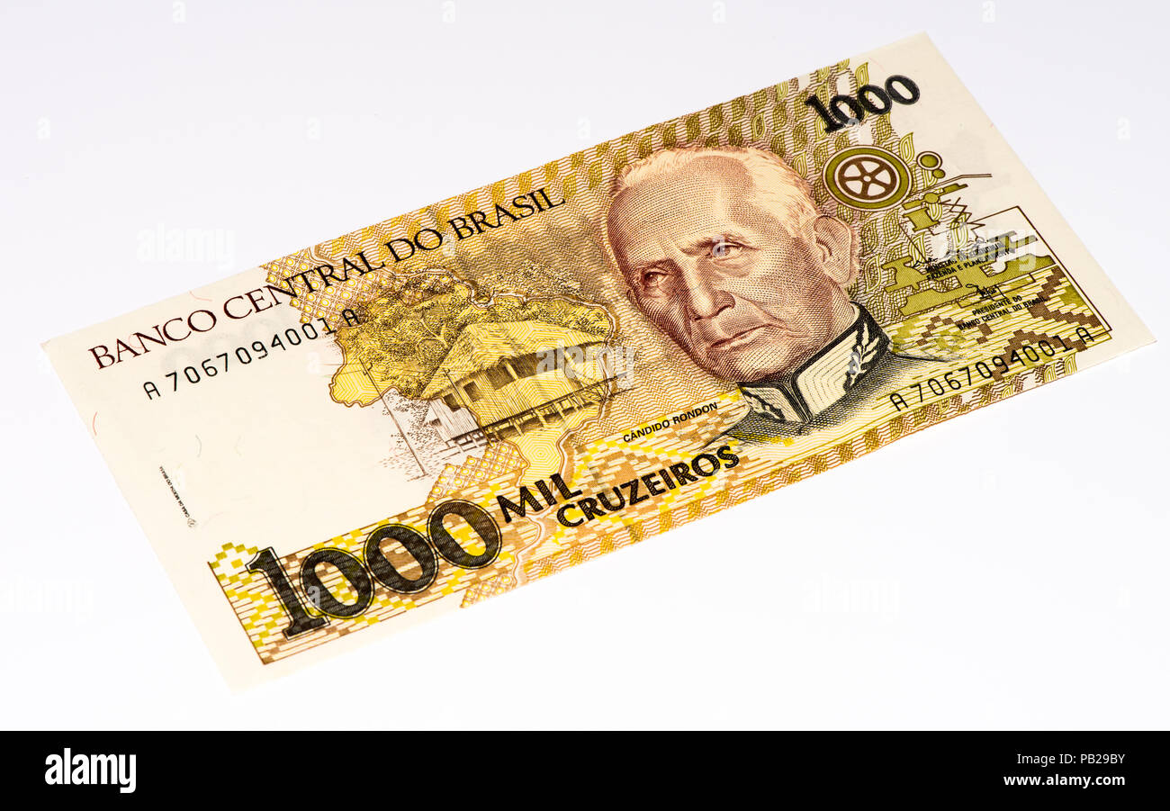 1000 Brasilian cruzeiro bank note. Cruzeiro is the former currency of ...