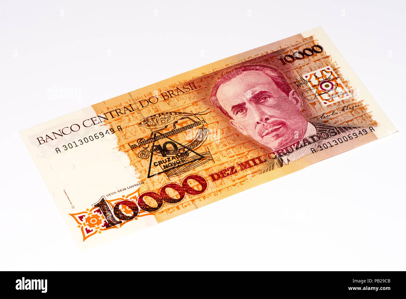 10000 Brasilian cruzeiro bank note. Cruzeiro is the former currency of ...