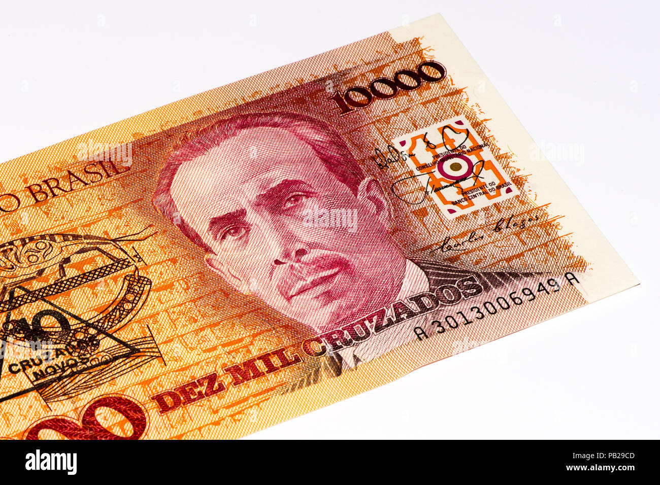 10000 Brasilian cruzeiro bank note. Cruzeiro is the former currency of ...