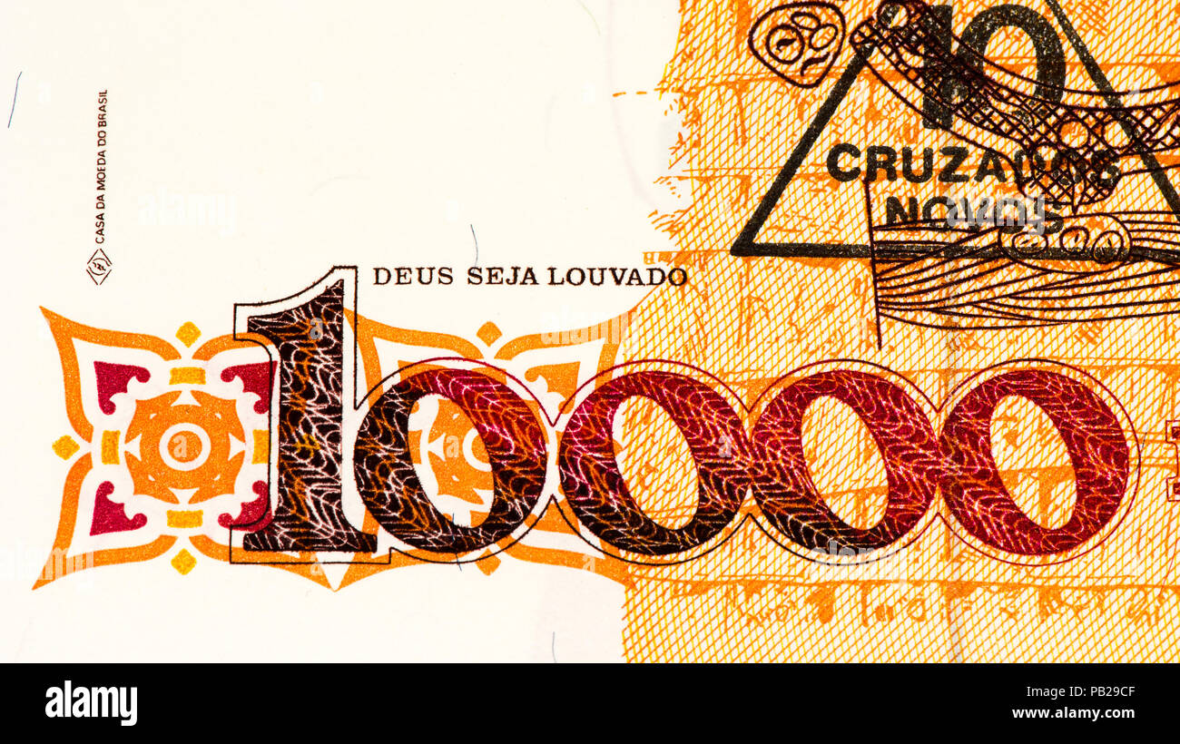 10000 Brasilian cruzeiro bank note. Cruzeiro is the former currency of ...