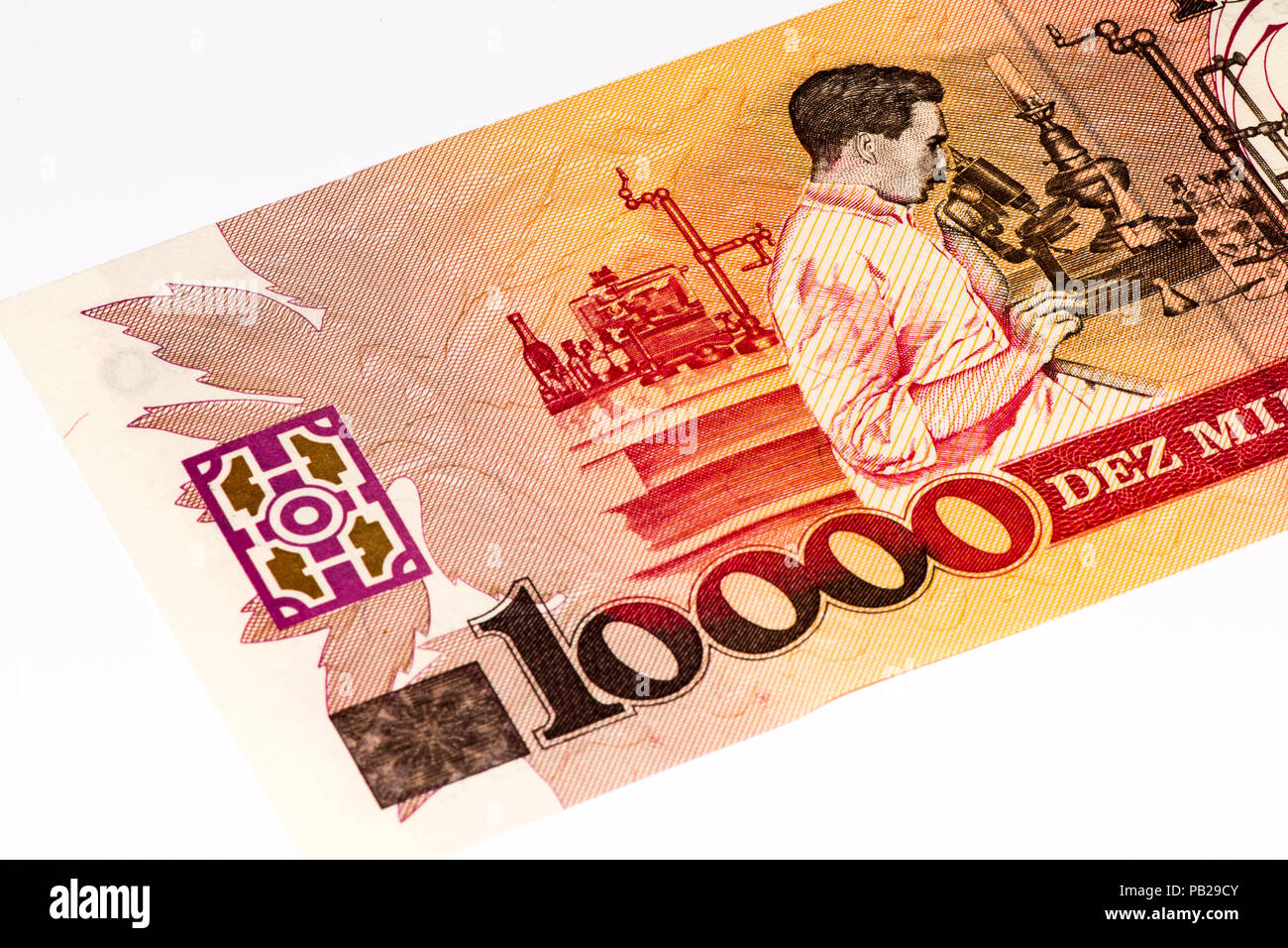 10000 Brasilian cruzeiro bank note. Cruzeiro is the former currency of ...
