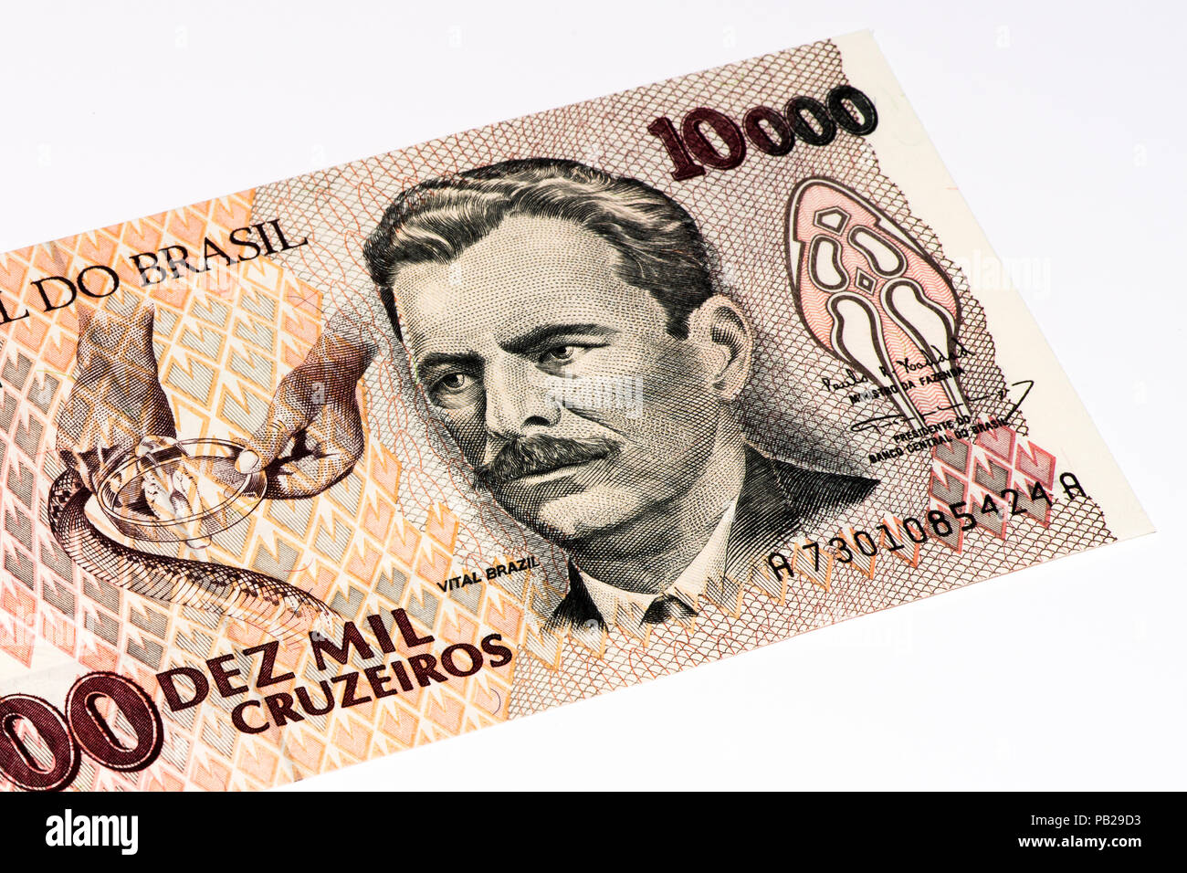 10000 Brasilian cruzeiro bank note. Cruzeiro is the former currency of ...