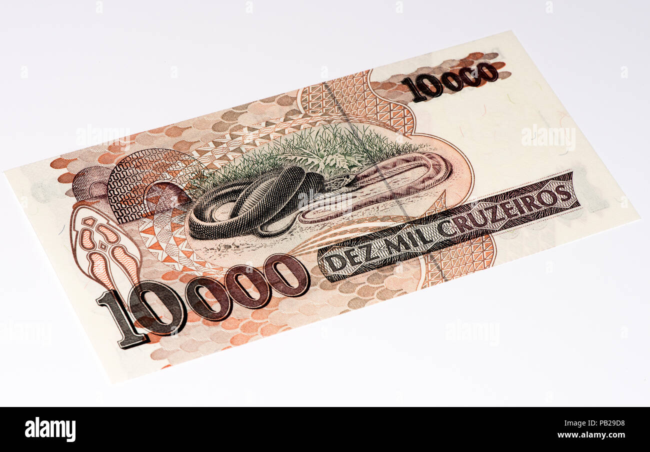 10000 Brasilian cruzeiro bank note. Cruzeiro is the former currency of ...