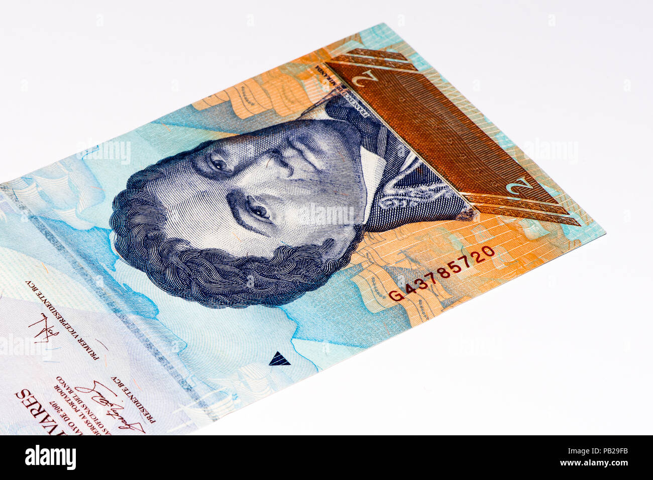 2 Venezuelan bolivares bank note. Bolivares fuertes is national ...