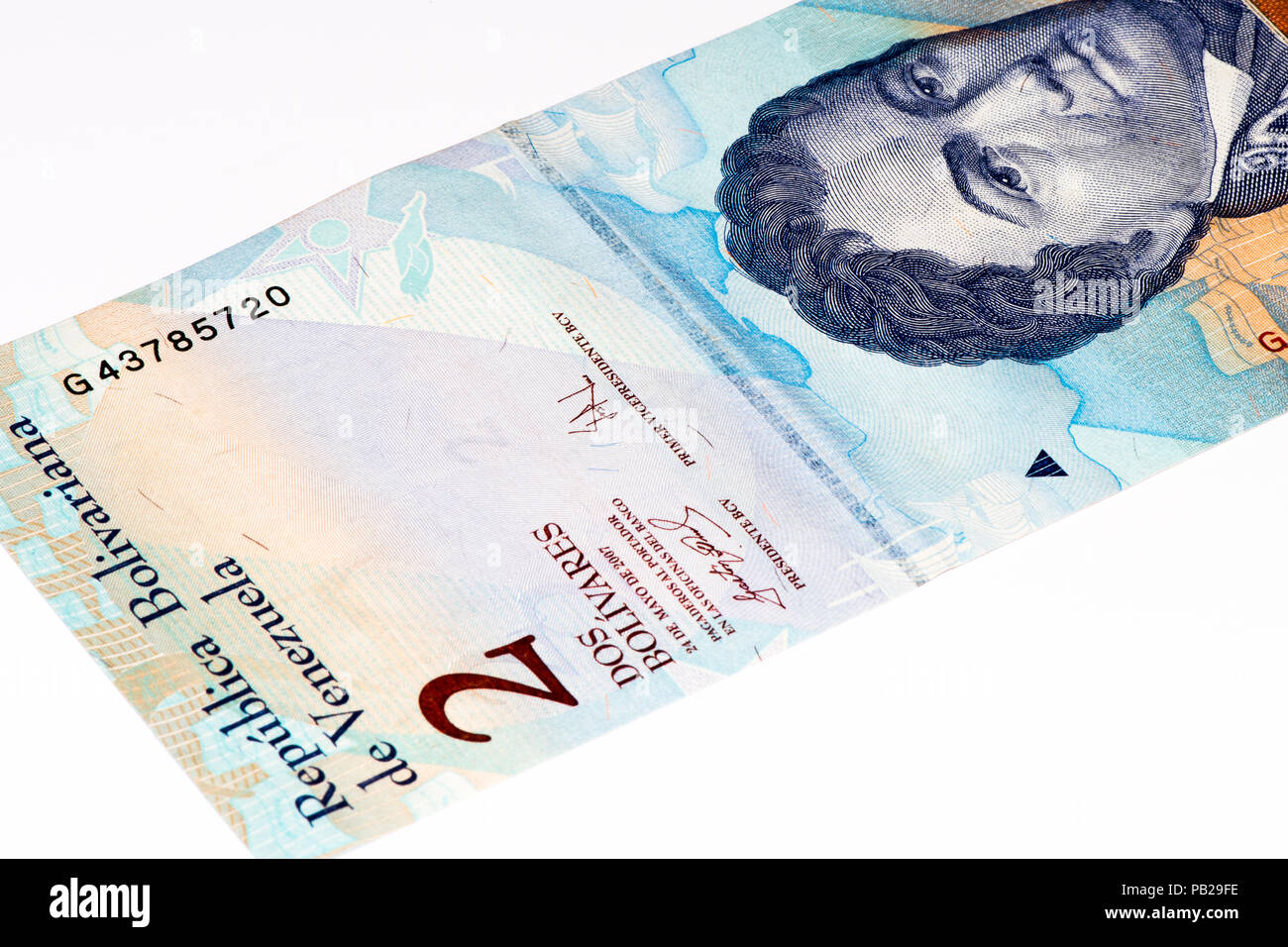 2 Venezuelan bolivares bank note. Bolivares fuertes is national ...