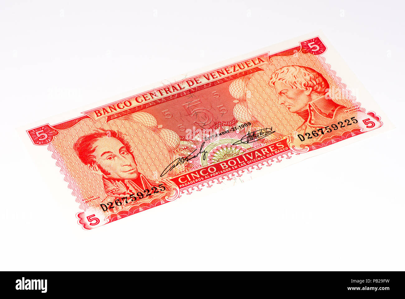 5 Venezuelan bolivares bank note. Bolivares fuertes is national ...