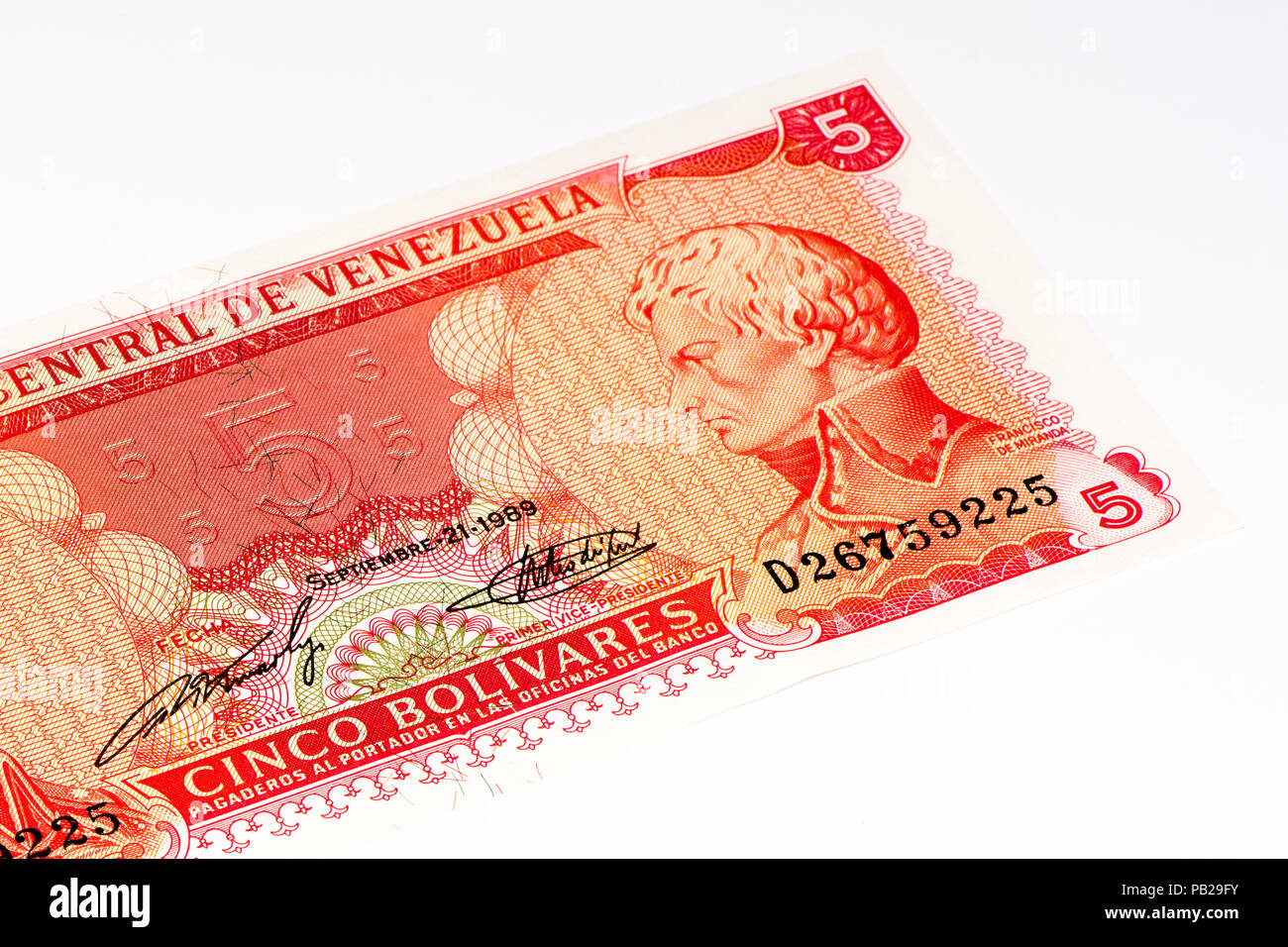 5 Venezuelan bolivares bank note. Bolivares fuertes is national ...