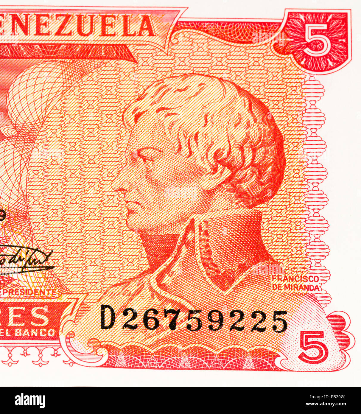 5 Venezuelan bolivares bank note. Bolivares fuertes is national ...