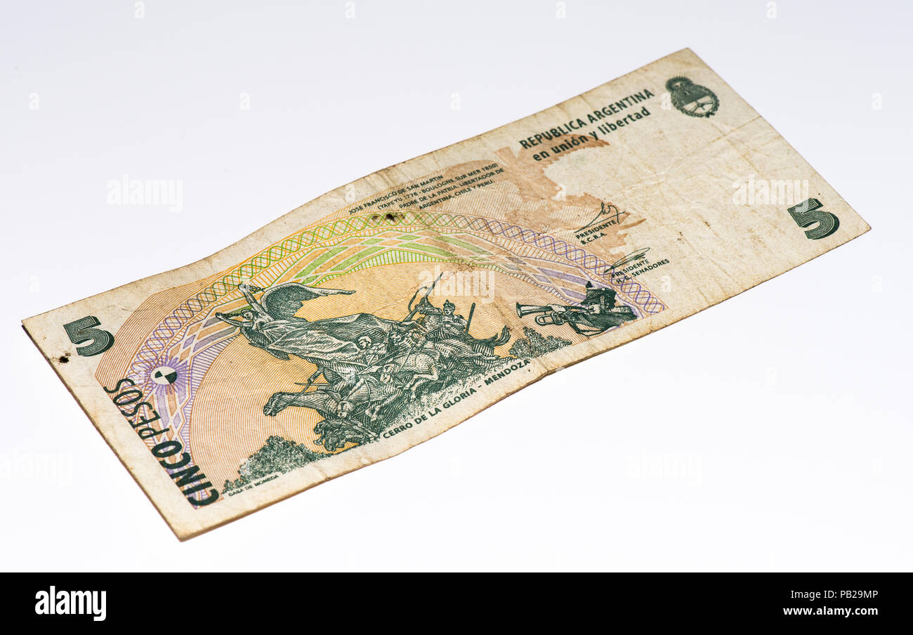 5 Argentinian peso bank note. Argentinian peso is the national currency ...