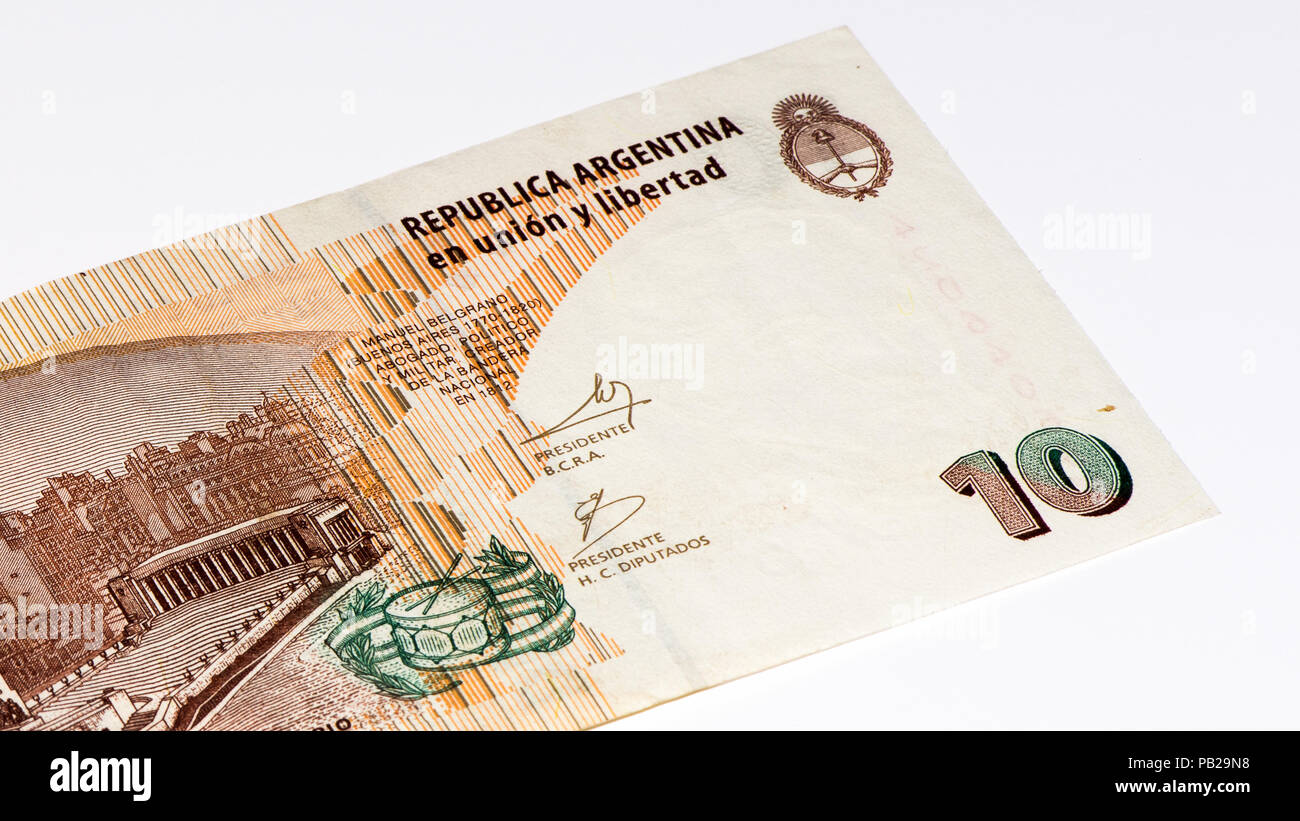 10 Argentinian peso bank note. Argentinian peso is the national ...