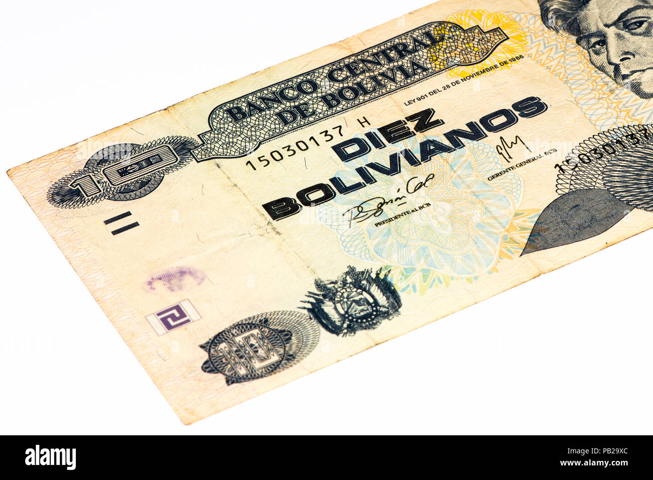 10 bolivianos bank note. Bolivianos is the national currency of Bolivia ...