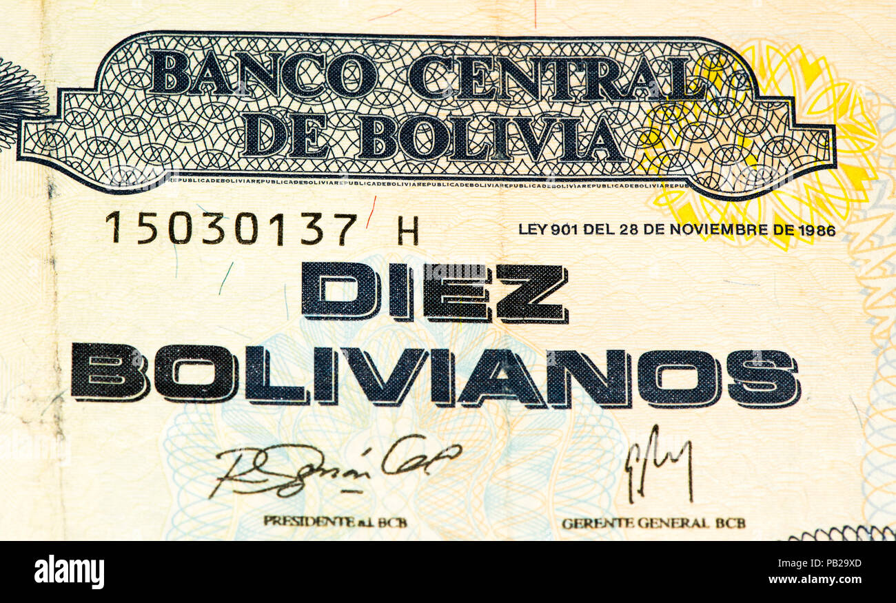 10 bolivianos bank note. Bolivianos is the national currency of Bolivia ...