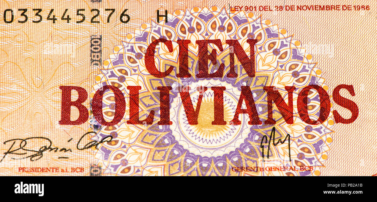 100 bolivianos bank note. Bolivianos is the national currency of ...