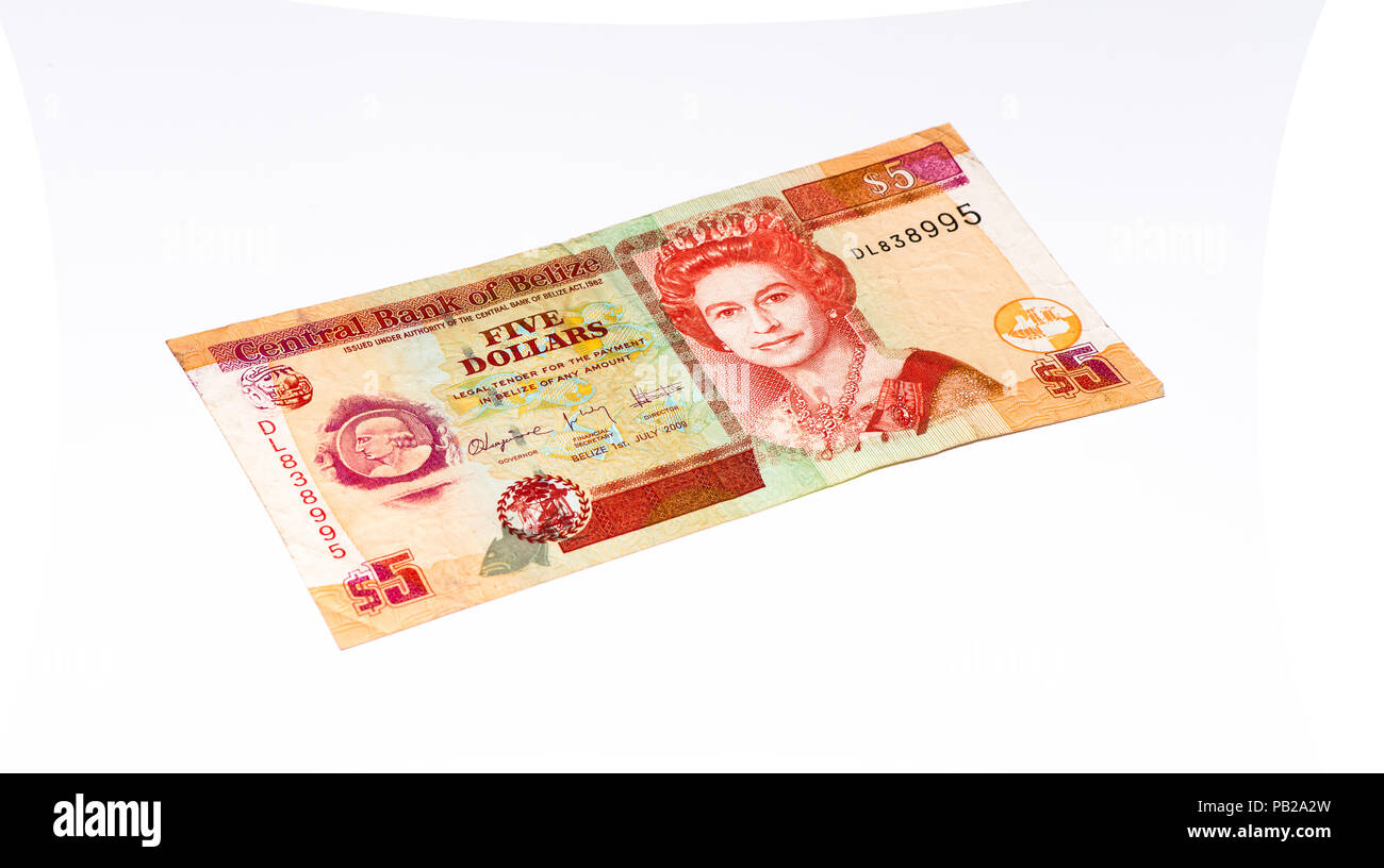 5 Belize dollars bank note. Belize dollar is the national currency of ...