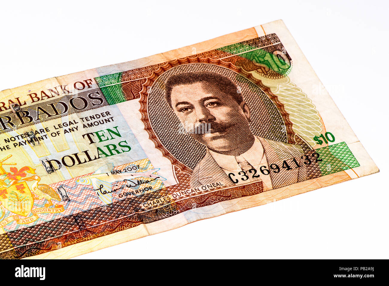 10 Barbadian dollar bank note. Barbadian dollars in the national ...