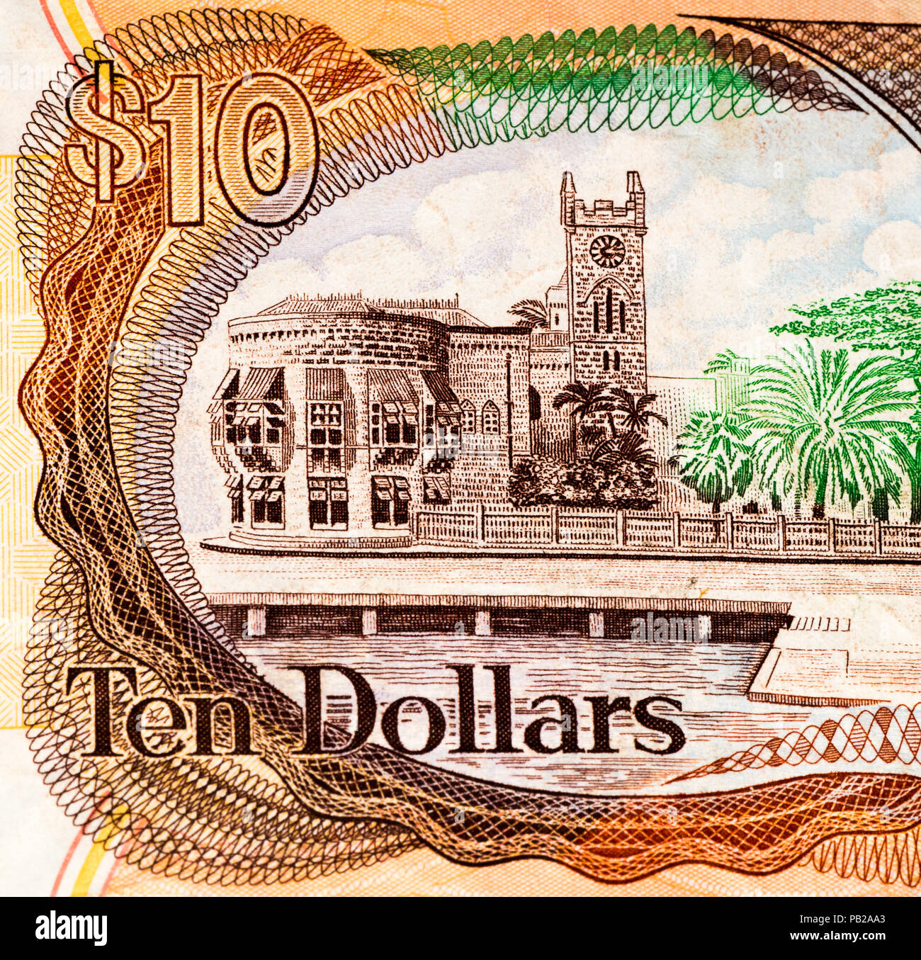 10 Barbadian dollar bank note. Barbadian dollars in the national ...