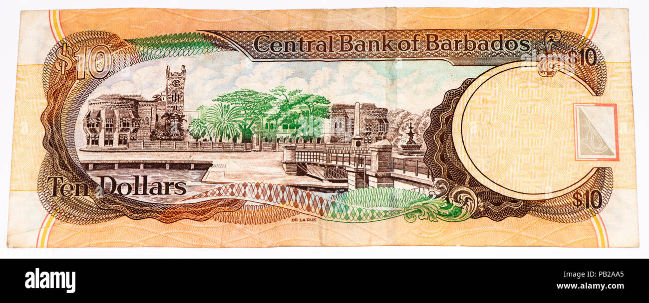 10 Barbadian dollar bank note. Barbadian dollars in the national ...