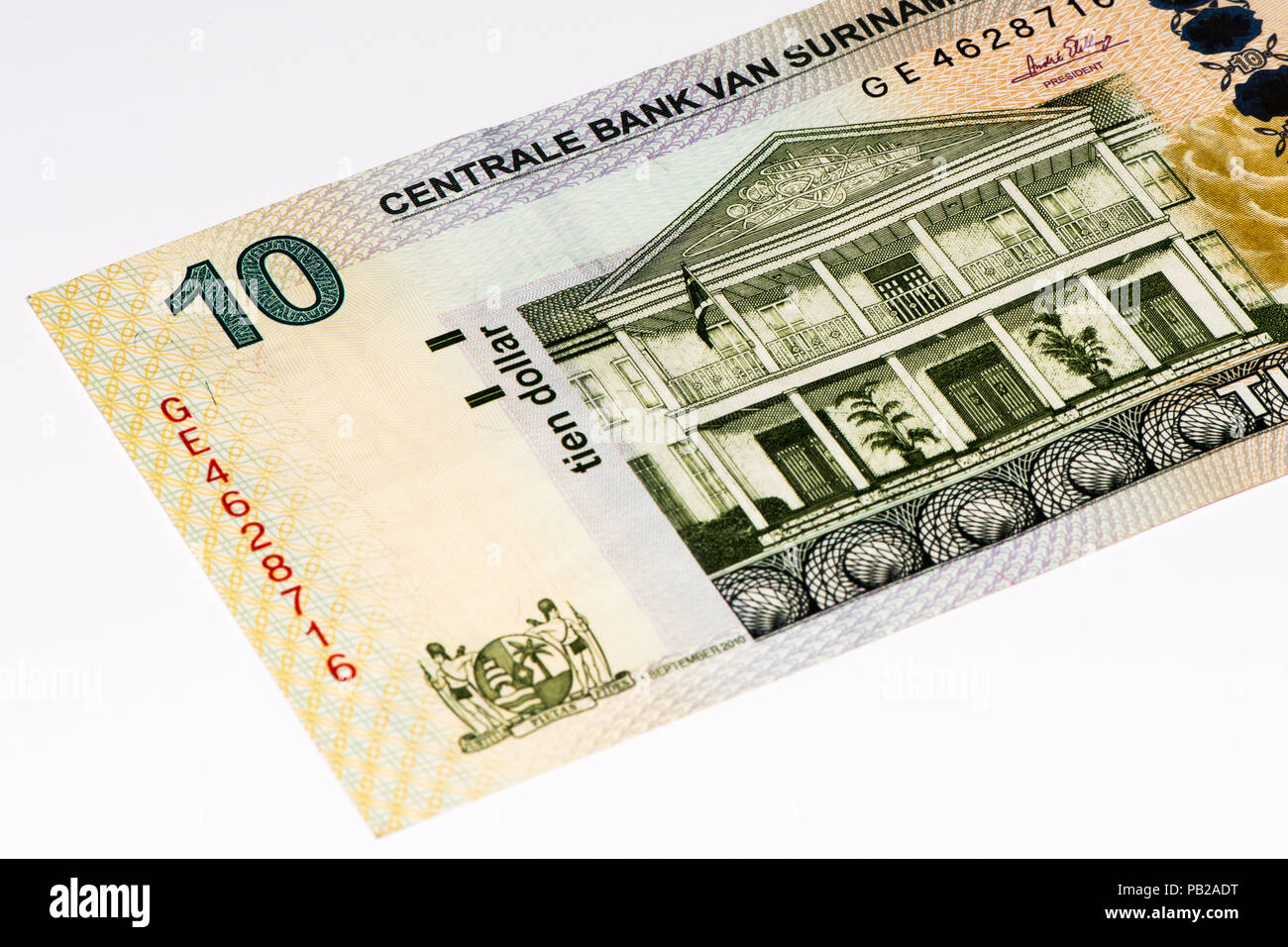 10 Surinamese dollar bank note. Surinamese dollar is the national ...