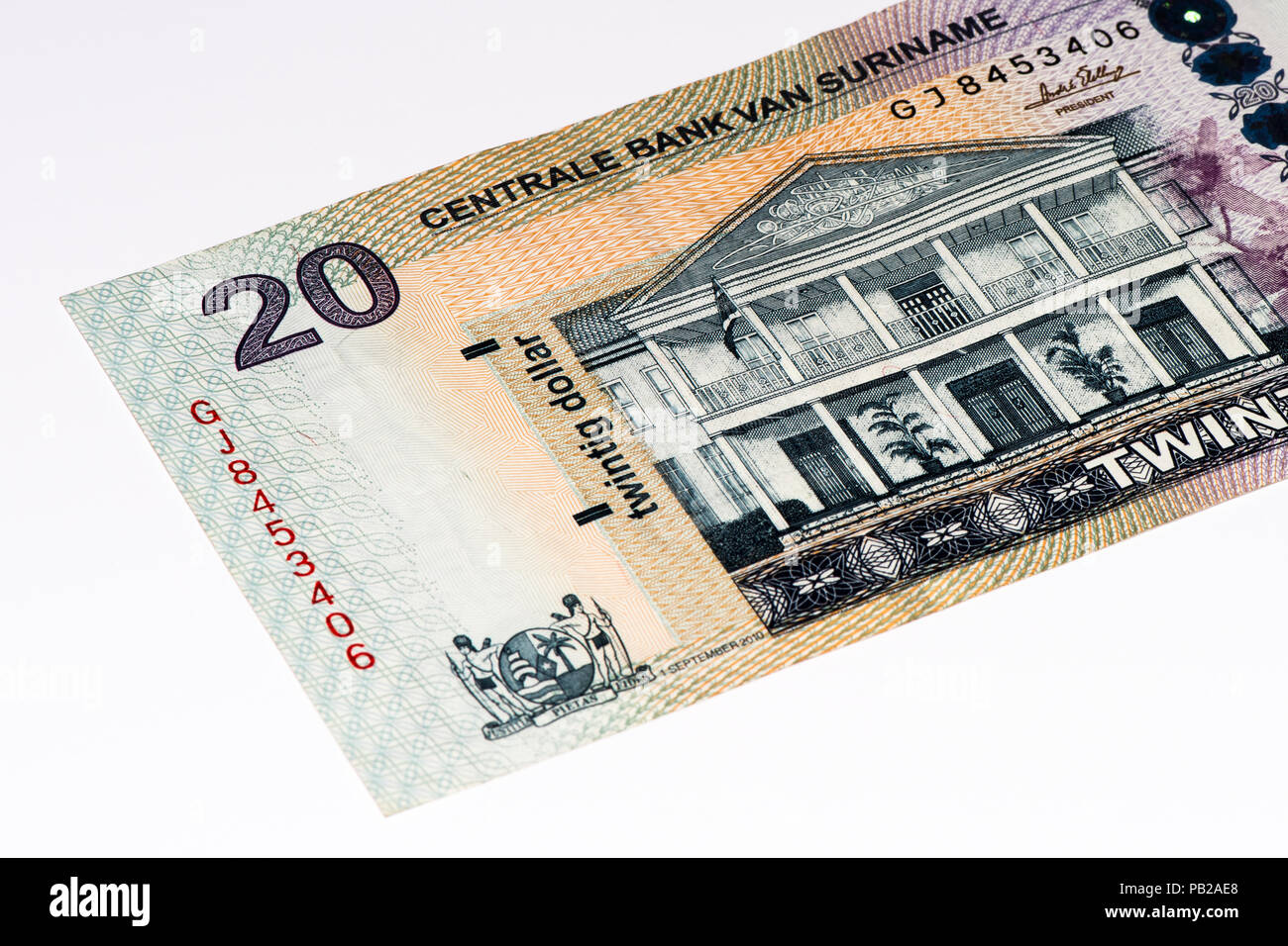 20 Surinamese dollar bank note. Surinamese dollar is the national ...