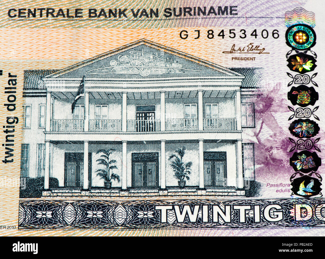 20 Surinamese dollar bank note. Surinamese dollar is the national ...