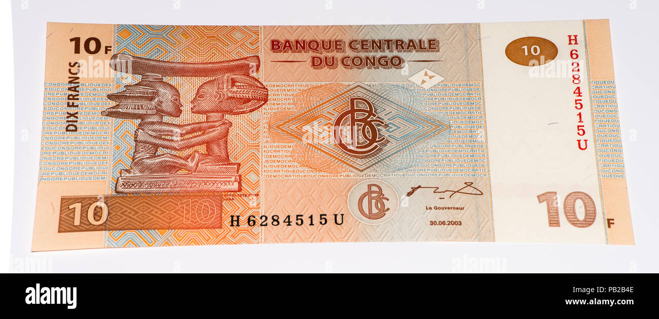 10 Congoles francs bank note of Congo. Congoles franc is the national ...