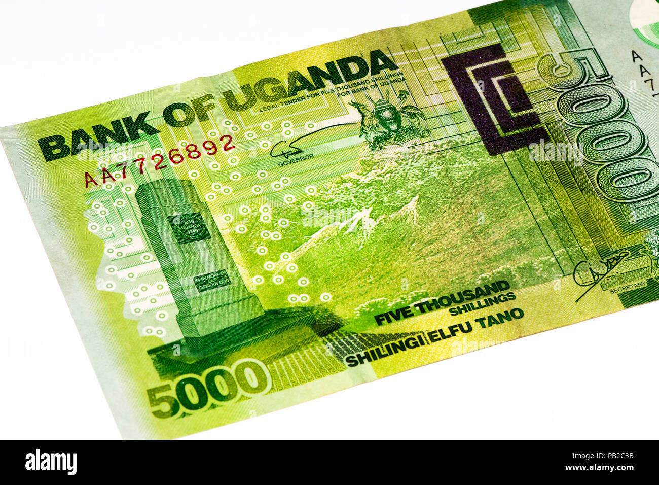 5000 Ugandan shillings bank note. Ugandan shilling is the national ...