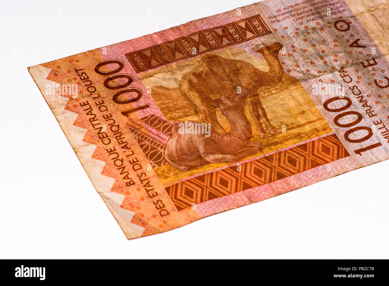 1000 CFA franc bank note. CFA franc is used in 14 African countries ...