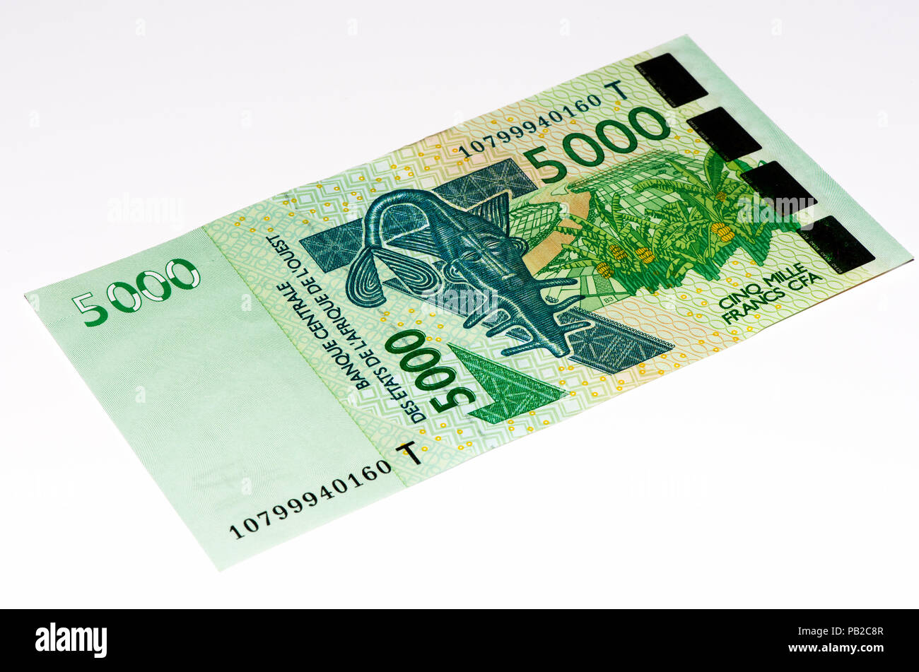 5000 CFA franc bank note. CFA franc is used in 14 African countries ...
