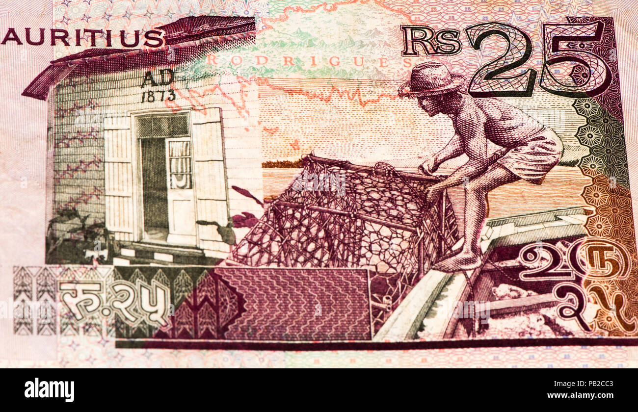 25 Mauritian rupees bank note. Mauritian rupee is the main currency of ...