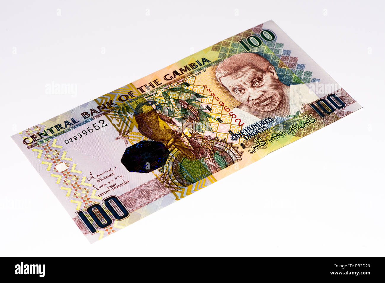 100 Gambian dalasi bank note. Gambian dalasi is the national currency ...