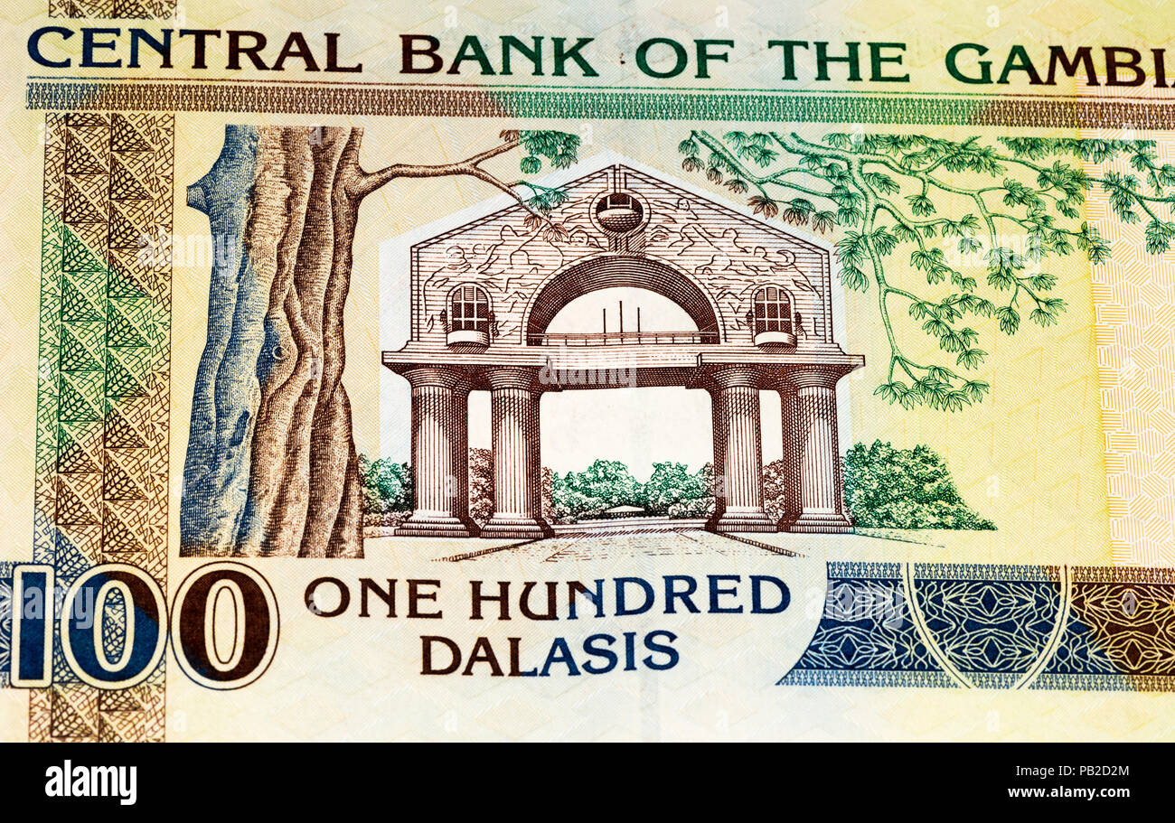 100 Gambian dalasi bank note. Gambian dalasi is the national currency ...