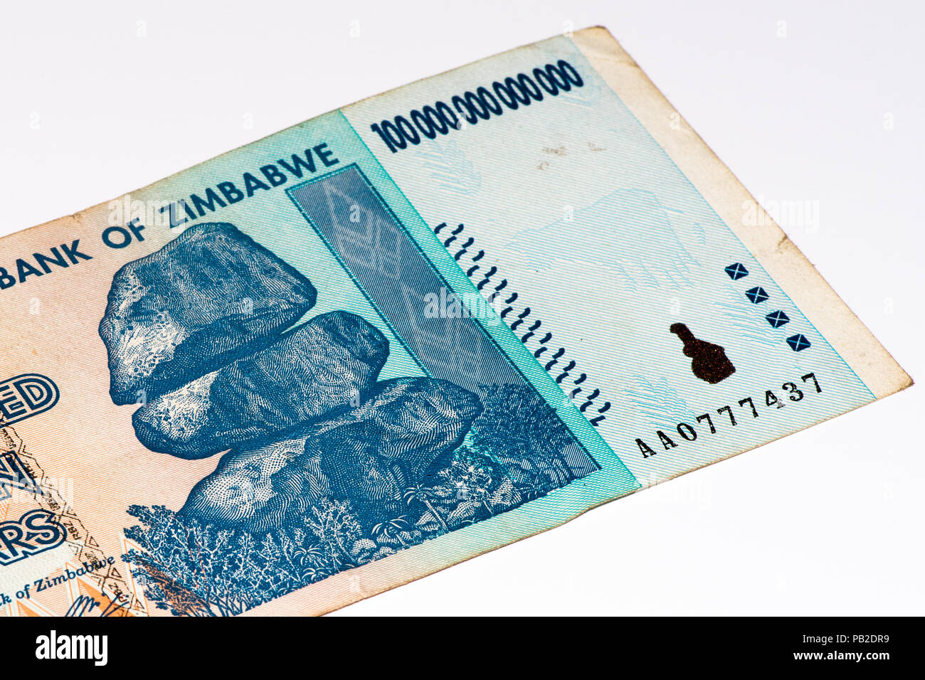 100000000000000 (One hundren trillion) Zimbabwe dollars bank note. One ...