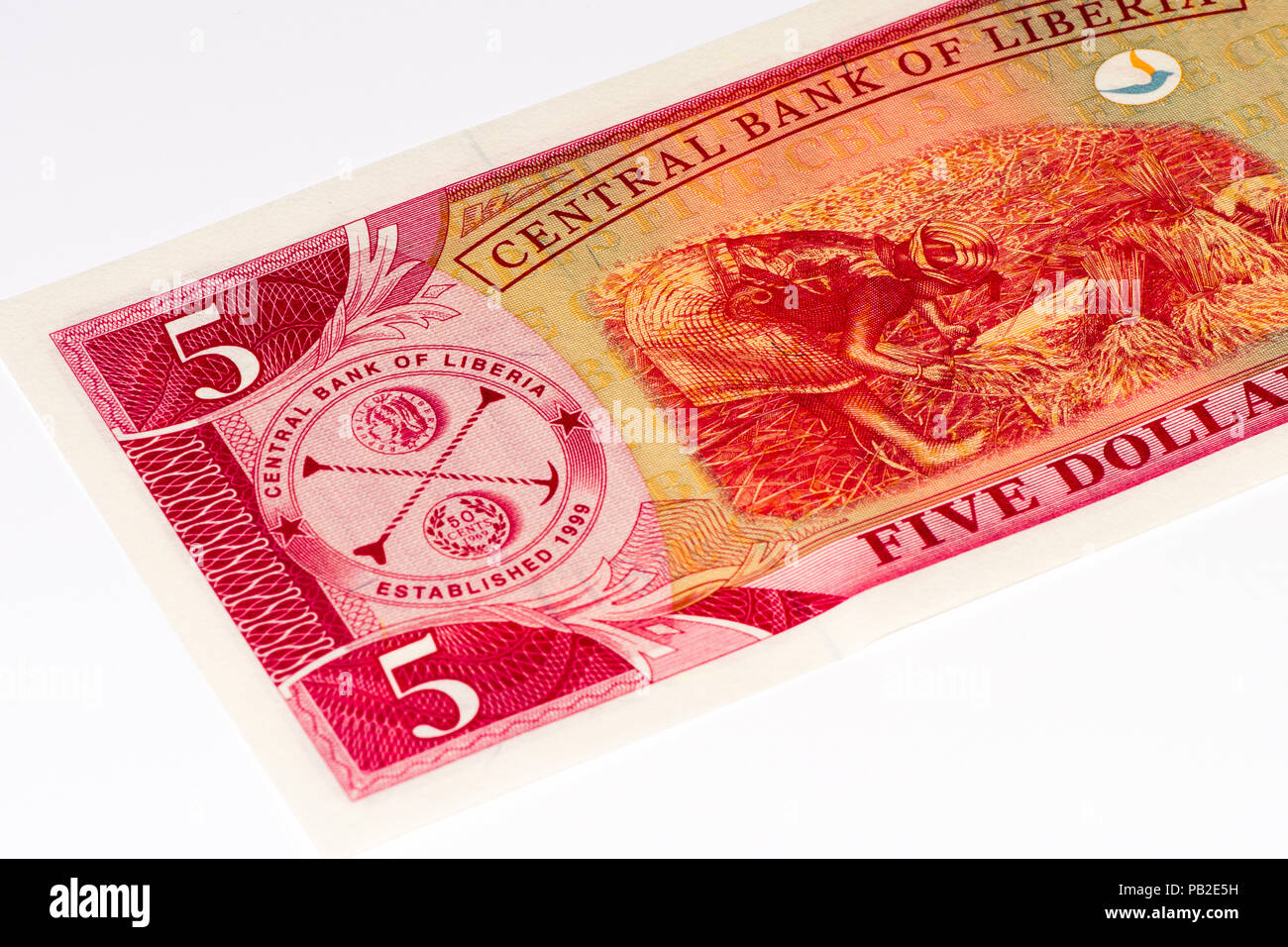 5 Liberian dollars bank note. Liberian dollars is the national currency ...