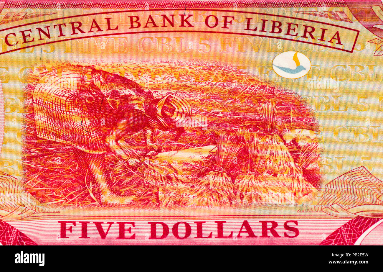 5 Liberian dollars bank note. Liberian dollars is the national currency ...