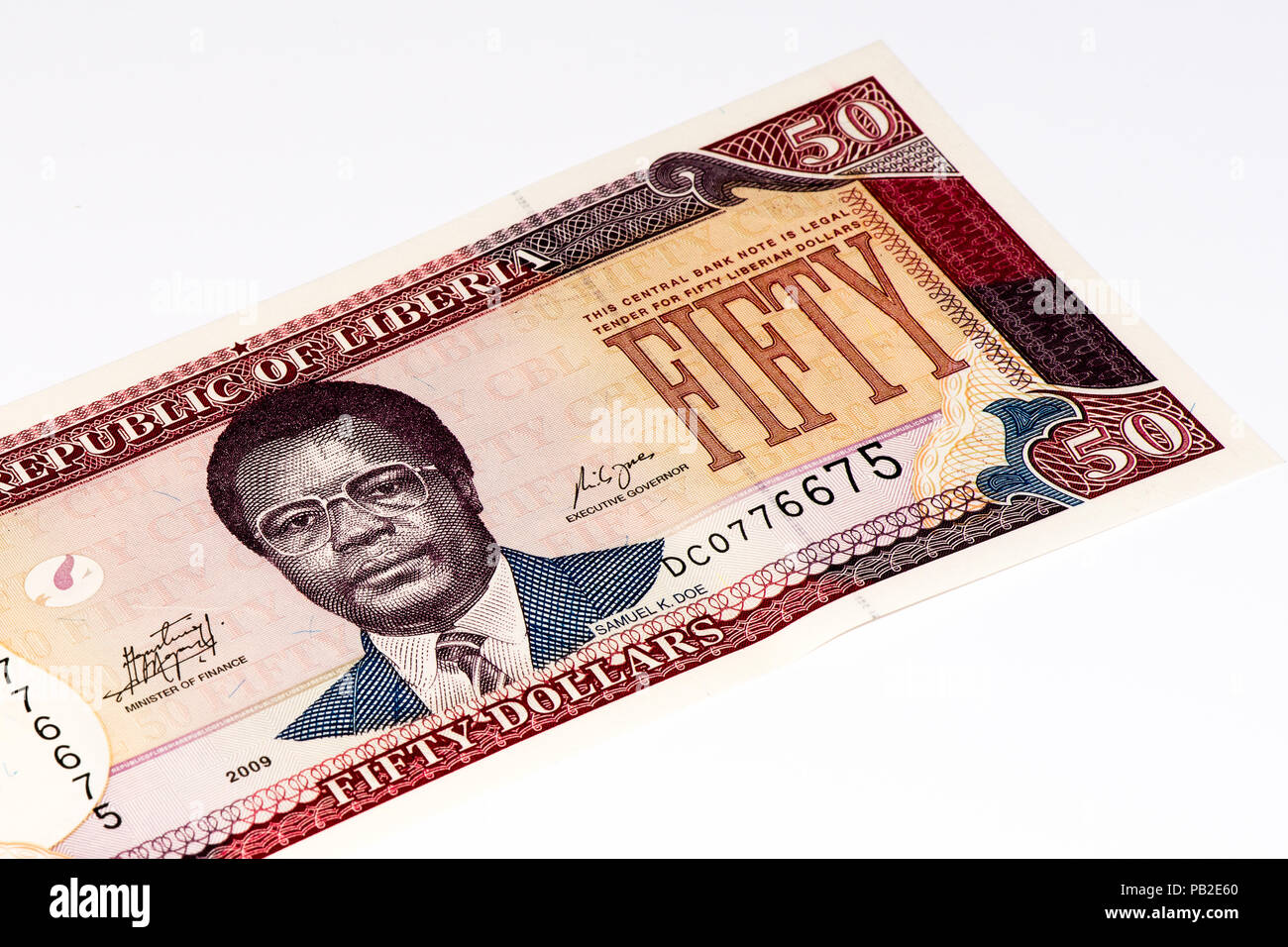 50 Liberian dollars bank note. Liberian dollars is the national ...