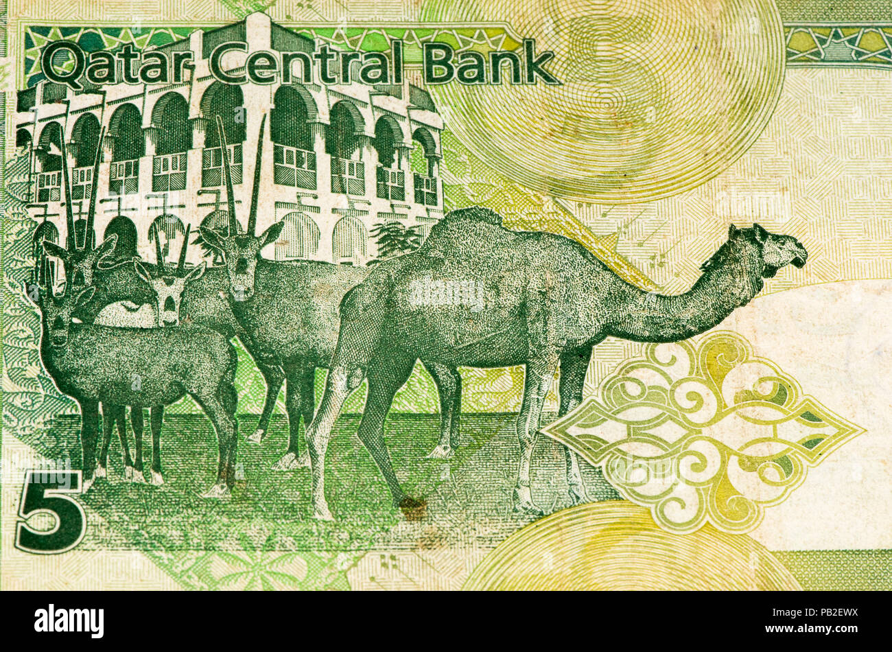 5 Qatari riyal bank note. Riyal is the national currency of Qatar Stock ...