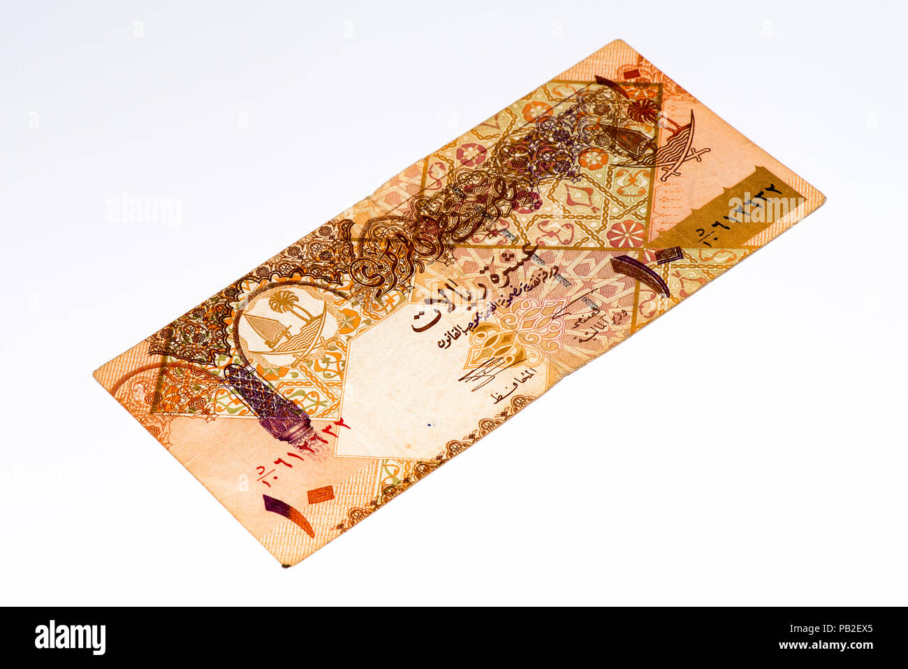 10 Qatari riyal bank note. Riyal is the national currency of Qatar ...