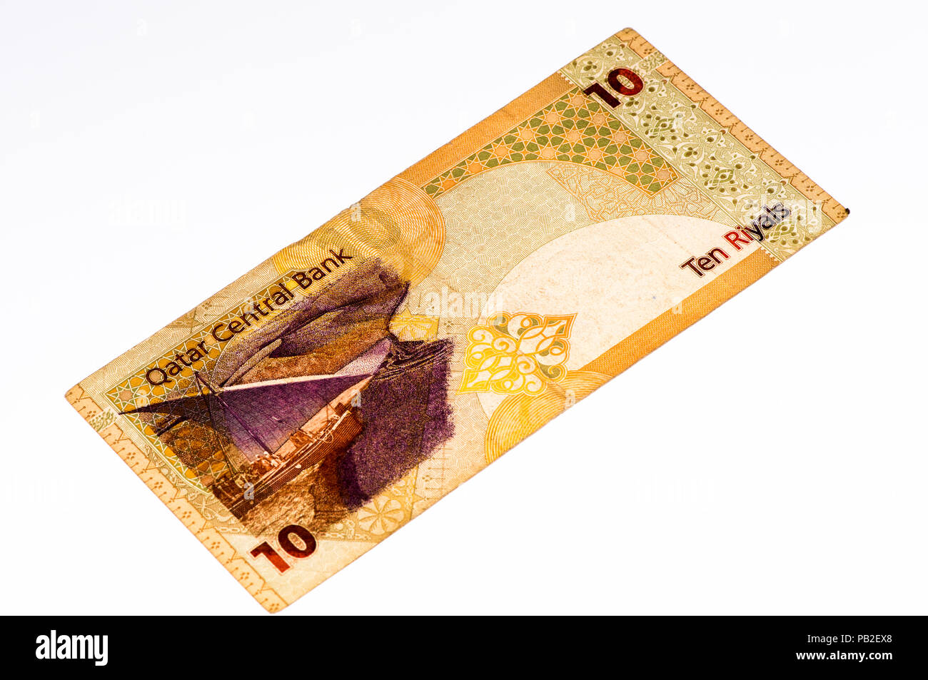10 Qatari riyal bank note. Riyal is the national currency of Qatar ...