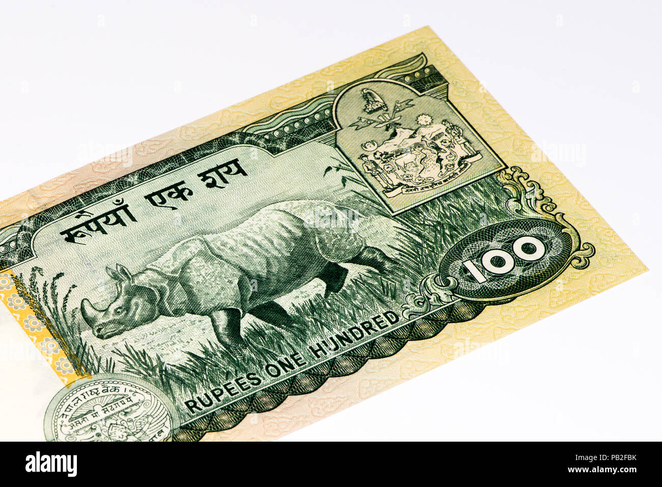 100 Nepalese rupee bank note. Nepalese rupee is the national currency ...