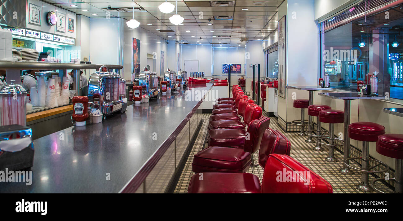 Red Stools and Chrome Counter in a Johnny Rocket's Restaurant Stock ...