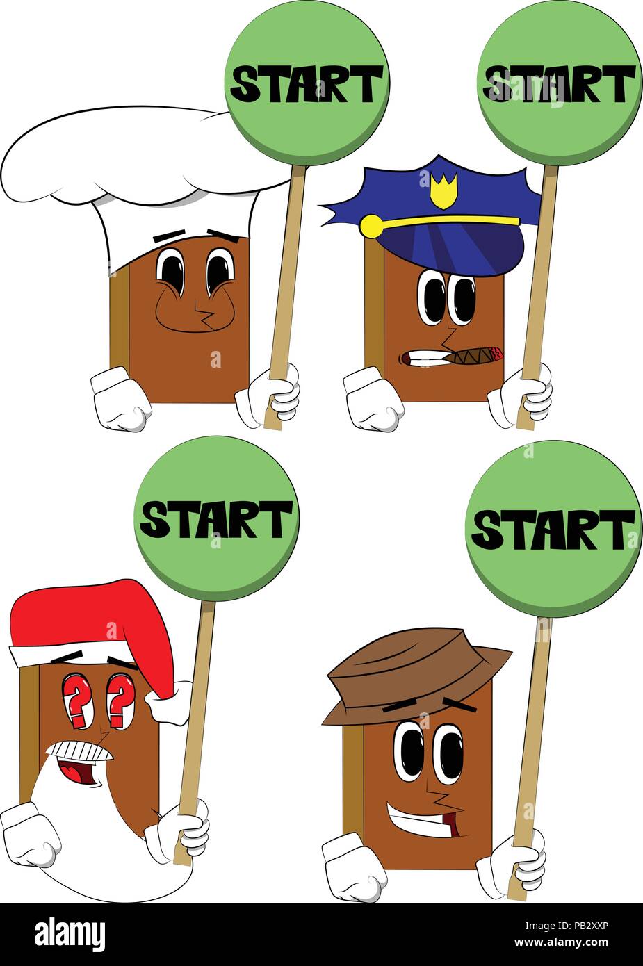 Books holding start sign. Cartoon book collection with costume faces ...