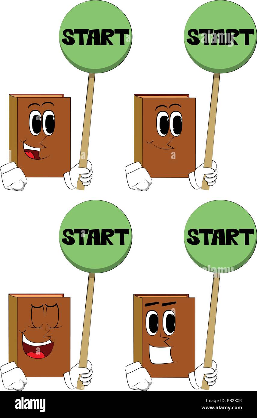 Books holding start sign. Cartoon book collection with happy faces ...