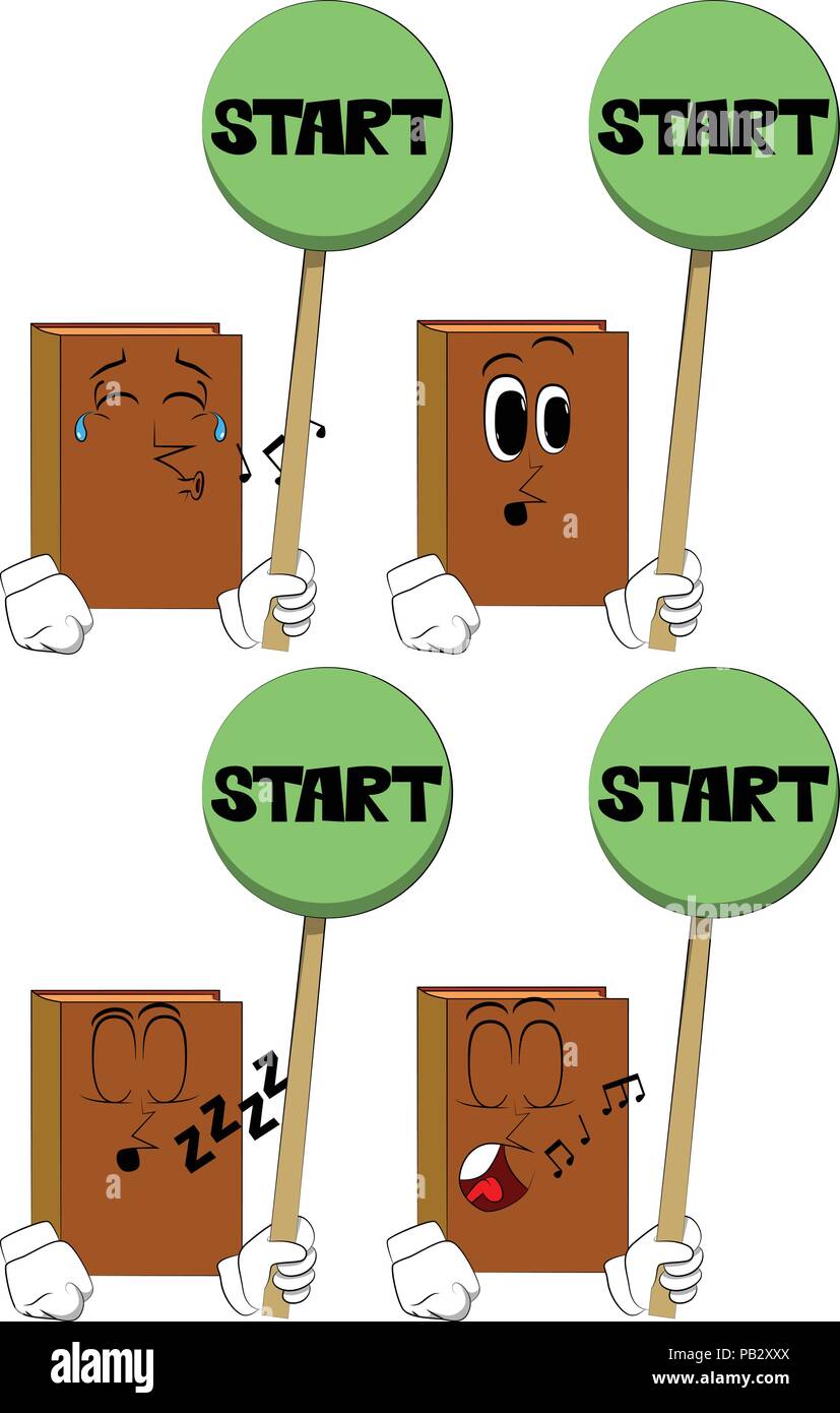 Books holding start sign. Cartoon book collection with various faces ...