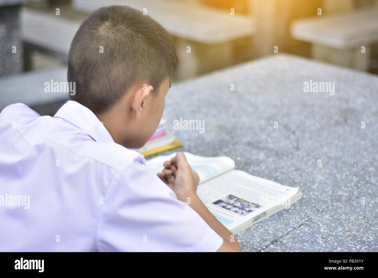 Boy reading a book at school sunlight background Stock Photo - Alamy