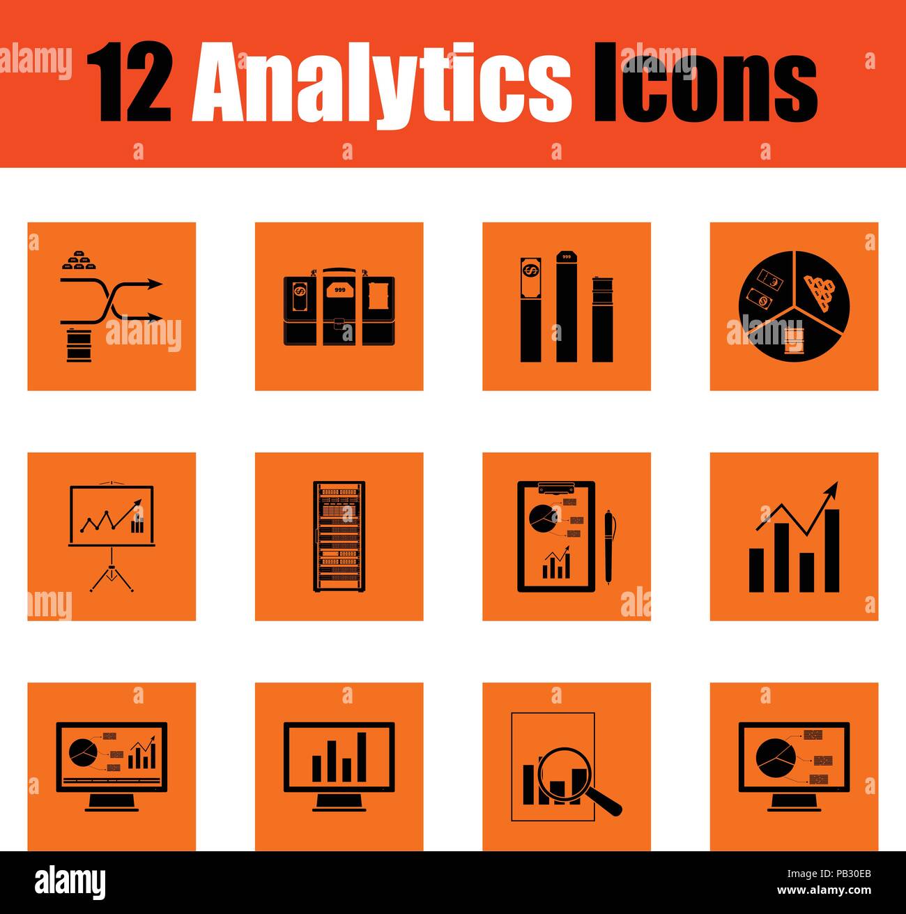 Analytics icon set. Orange design. Vector illustration Stock Vector ...