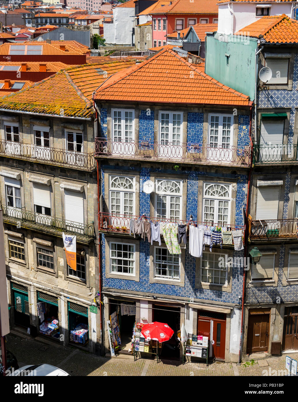 Looking down on traditional Portuguese building facades in Porto with ...