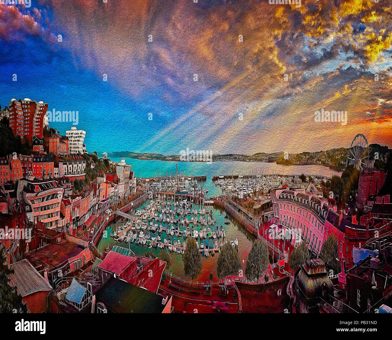 CONTEMPORARY ART: Torquay harbour & town at sunset, Devonshire, Great ...