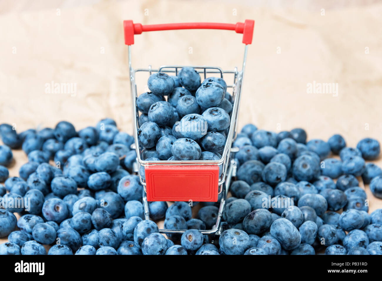 Blueberry fruits in mini shopping cart. Selective focus on the ...