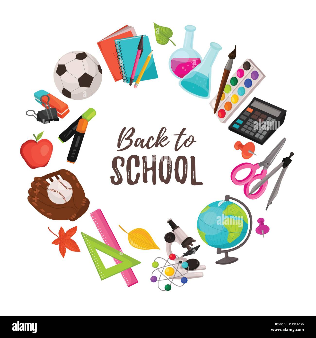 Hand drawn school objects in circle composition around text. Vector ...